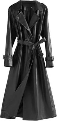 Generic Trench-coat en similicuir pour femme - Double boutonnage - Veste longue avec ceinture - Taille haute - Automne et hiver, Noir, XL