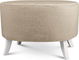 MG Design Ovaler Kunstfell-Hocker 62 x 72 cm in Beige mit Holzbeinen - Gepolsterter Fu&szlig;hocker f&uuml;r Wohnzimmer oder Schlafzimmer