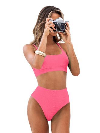 Cupshe Damen Bikini Set U Ausschnitt High Waist Tank Sport Bikini Texturierte Bademode Zweiteiliger Badeanzug Swimsuit Rosa XL