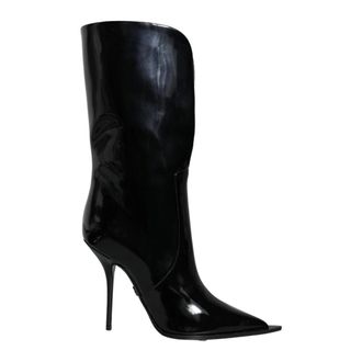Dolce & Gabbana Schwarze Lederstiefel mit Logo - - Shoes - Damen - Schwarzk - 37 EU