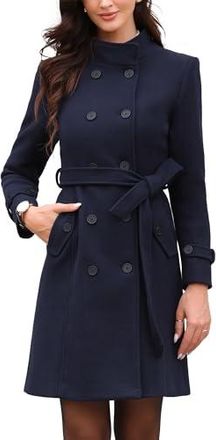 Allegra K Trench-Coat Crois&eacute; Femme Double Boutonnage Col Montant Caban &Eacute;l&eacute;gant Ceintur&eacute; avec Poches Manteau DHiver &agrave; Manches Longues Bleu profond S