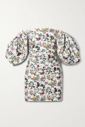 Oscar De La Renta Schulterfreies Minikleid Aus Einer Baumwollmischung Mit Blumenprint Und Raffungen - Wei&szlig;