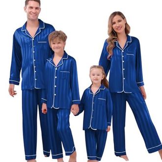 Generic Ensemble de pyjama de Noël familial à manches longues boutonné en satin de soie avec col à revers uni - Coupe ample et confortable - Pyjama assorti te