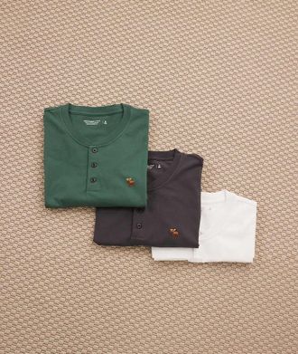 Abercrombie & Fitch 3er-Pack T-Shirts in Schwarz/Gr&uuml;n/Wei&szlig; mit Henley-Kragen und Markenlogo-Bunt