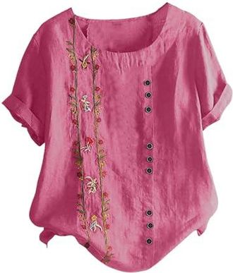 Generic T-shirt noir simple T-shirt r&eacute;tro en lin pour femme avec broderie florale T-shirt d&eacute;contract&eacute; &agrave; manches courtes pour les loisirs bureau T-shirts dr&ocirc;le