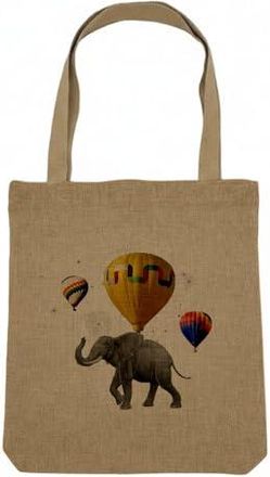 Fabulous Sac Shopping Tote Bag Aspect Lin - &Eacute;l&eacute;phant Volant Mongolfi&egrave;re Collage Art Surr&eacute;alisme - Sac de Courses Toile Epaisse 360g Beige Naturel Cabas Port&eacute; E