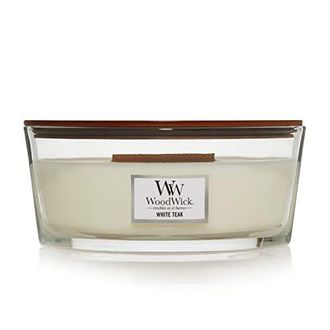 Woodwick Ellipse Bougie parfumée | Bois de teck blanc | avec mèche crépitante | Durée de combustion : jusquà 50 heures