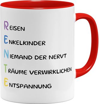 OM3 Rente Tasse mit Spruch Abschiedsgeschenk Ruhestand| Keramik Becher | 11oz 325ml | Beidseitig Bedruckt | Rot