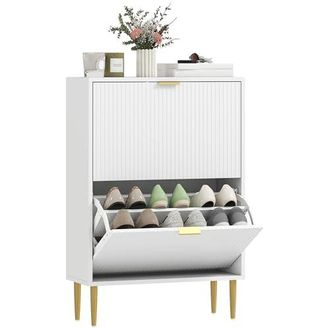 HOMCOM Meuble &agrave; Chaussures 12 Paires, Armoire &agrave; Chaussures &eacute;troite Moderne avec 2 tiroirs rabattables, Portes cannel&eacute;es et &eacute;tag&egrave;res r&eacute;glables, pour Couloir e