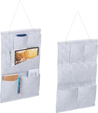 Relaxdays H&auml;ngeorganizer, 2er Set, 5 F&auml;cher, Flechtoptik, H&auml;ngeaufbewahrung, Flur & B&uuml;ro, HxB: 60 x 41 cm, Filz, grau