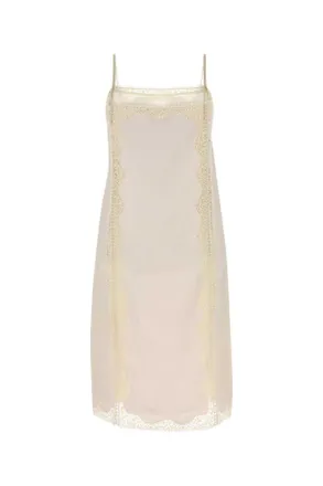 Prada Womens Lace-Trimmed Linen Dress Beige Trochusniloticus