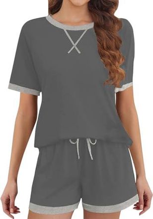 Generic Chemise De Nuit Flanelle Pyjama Short Femme XS Ensemble 2 Pi&egrave;ces &agrave; Manches Courtes Et Short &agrave; Rayures pour Femme avec Poches Pyjama Satin Ensemble Gre