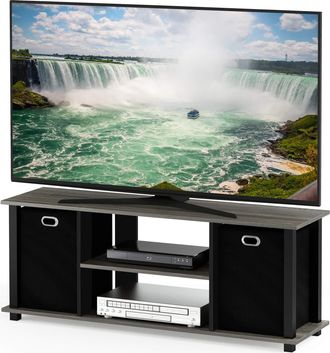 Furinno Econ TV Schrank/Entertainment Center mit 2 Einschüben, holz, Französische Eiche Grau/Schwarz/Schwarz, 29.72 x 105.92 x 40.13 cm