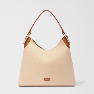 Furla Clarissa Schultertasche L Naturale+cognac H Beige Canvasgewebe + Sidney-kalbsleder Damen