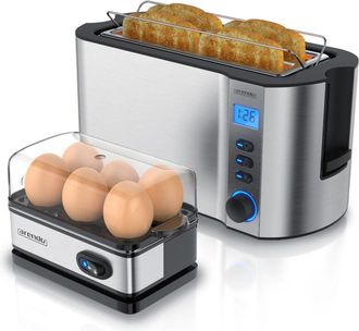 Arendo 2-teiliges Fr&uuml;hst&uuml;cksset, Langschlitz 4-Scheiben Toaster manha, 6er Eierkocher, Silber - Arendo