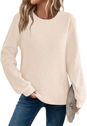 Zeagoo Pull dautomne en tricot à manches longues et col rond élégant pour lhiver décontracté, beige, L