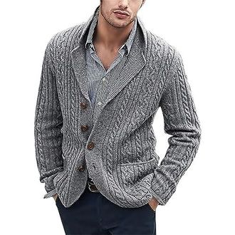 Generic Cardigan en tricot torsad&eacute; pour homme - Col ch&acirc;le - Manches longues - L&eacute;ger - Couleur unie - Automne et hiver - Veste en tricot chaud avec poche d&eacute;con