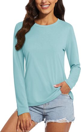 Magcomsen Basic Langarmshirt Damen Shirt Baumwolle Longsleeve Casual Tshirt Langarm Rundhals Winter Komfort Seeblau XXL
