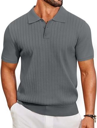 Coofandy Polo Homme &Eacute;t&eacute; Tricot&eacute; Manches Courtes T-Shirt Golf Stretch Slim Fit D&eacute;contract&eacute; Gris Fonc&eacute; L