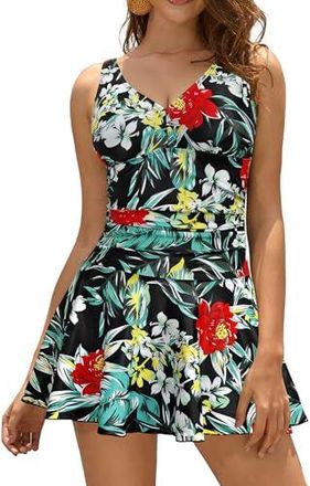 SHEKINI Maillot de bain une pièce pour femme - Col en V - Élégant - Robe de bain - Robe de bain - Jupe de bain - Rétro - Ruched - Robe de natation - Jupe de b