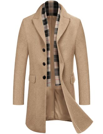 Coofandy Herrenmantel aus Wollmischung mit abnehmbaren karierten Schals, gekerbtem Kragen, einreihiger Erbsenmantel, Trenchcoat, Khaki, L