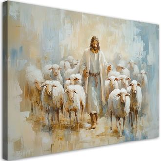 Feeby Leinwand Bilder - Bild Wohnzimmer - Jesus der gute Hirte - 45x30 1tlg - Deko Schlafzimmer Groß - Dekoration Canvas - Gemälde - Modern Wandbilder - Kun