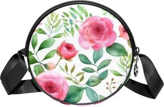 Generic Petit sac &agrave; bandouli&egrave;re circulaire pour femme, motif feuilles florales, sac &agrave; dos avec fermeture &eacute;clair, bretelles r&eacute;glables, sac &agrave; main rond d&eacute;contra