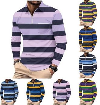 Generic Polo &agrave; manches longues pour homme avec poche zipp&eacute;e et rayures, Z01-blue Polo pour homme, L