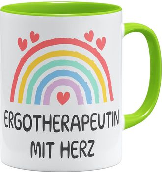 OM3 Ergotherapeutin mit Herz Kaffee-Tasse Geschenkidee Dankeschön | Keramik Becher | 11oz 325ml | Beidseitig Bedruckt | Hellgrün