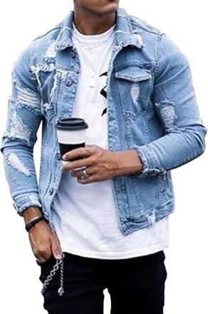 Generic Veste en jean pour homme, coupe slim, style camionneur, style d&eacute;contract&eacute;, streetwear, bleu clair, taille XL