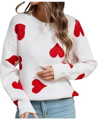 Generic Pull d&eacute;contract&eacute; &agrave; manches longues et col rond pour femme Motif coeur mignon 2026, blanc, XL
