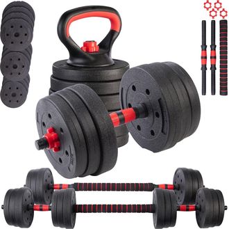 Pearl Sports Hantelset: 3in1-Kurz- und Langhantel-Set mit Kettlebells, 20 kg, Sternverschl&uuml;sse (Fitness-Zubeh&ouml;r, Hantelset mit Kettlebells, Gusseisen)