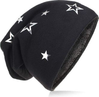 Miobo Kinder Jersey Slouch Beanie Long warme M&uuml;tze Unisex Unifarbe Winter Trend (49-51cm Kopfumfang, Silber Stern-Schwarz)