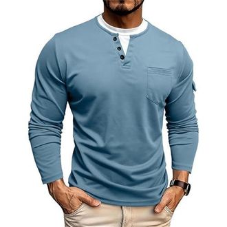Generic T-shirt tendance pour homme avec col en V et manches longues, bleu clair, 3XL