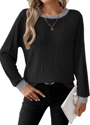 Dokotoo Damen Pullover Rundhals Leichter Strickpullover Pulli Herbst Langarm Rippen Sweatshirt Casual Loose Fit Oberteil Shirt Tunika, schwarz, XL
