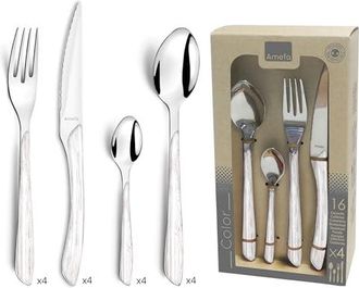 Amefa Tafelbesteck 16-teilig f&uuml;r 4 Personen - Eclat Nature - Edelstahl 18/0, gl&auml;nzende Oberfl&auml;che - Holz wei&szlig;