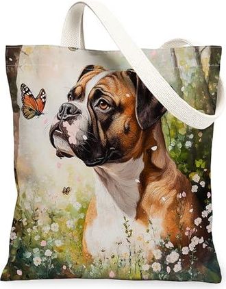 Generic Sac fourre-tout en toile motif boxer printanier 33 x 38,1 cm, motif papillons amusants, sac d&eacute;picerie r&eacute;utilisable pour femme, animal domestique, voya