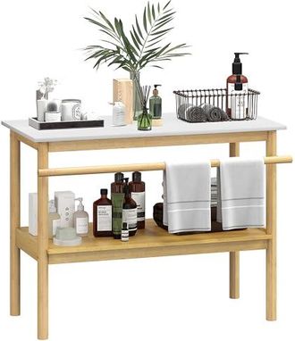 HOMCOM Étagère Salle de Bain Rangement, Meuble Salle de Bain en Bambou à 2 Niveaux avec Barre Porte-Serviettes, étagère Ouverte, dim. 100l x 48P x 75H cm, Na