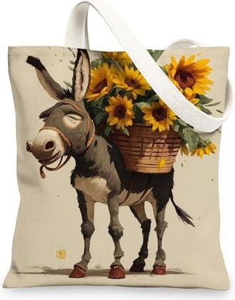 Generic Sac fourre-tout en toile motif tournesol, sac dépicerie réutilisable, léger et lavable avec bandoulière, beige, 13x15 Inch