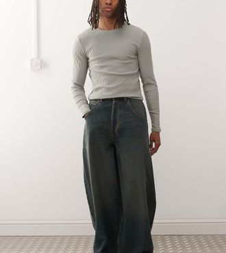 Collusion X006 - Jean à coupe ballon XL et taille basse - Vert grunge délavé-Bleu