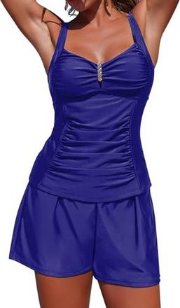 Generic Maillot de bain tankini pour femme - Maillot de bain deux pi&egrave;ces avec short de bain pour femme - Grande taille - Manches courtes - Coupe ample, bleu, 