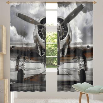 TropicalLife Halbtransparente Vorhänge im Vintage-Flugzeug, Voile-Vorhang mit Schlitzen oben, für Wohnzimmer und Schlafzimmer, Fensterbehandlungen (140 cm breit x 