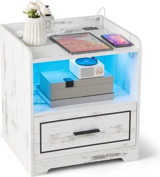 Costway Costway - Table de chevet LED avec port USB et TYPE-C - &Eacute;tag&egrave;re ouverte - 3 couleurs de lumi&egrave;re - Capteur intelligent - MDF - 45 x 40 x 50 cm