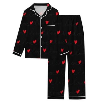 Generic Ensemble de pyjama &agrave; manches longues imprim&eacute; en forme de coeur pour la Saint-Valentin 2026, Noir, S