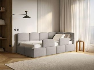 Selsey Jugendbett 90x200 cm Rechts Komfortables Polsterbett mit Bettkasten und HR30 Matratze Inklusive Abnehmbarem Rausfallschutz Gasdruckfedern für Stauraum