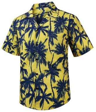 Hisdern Chemise Hawa&iuml;enne Homme Manches Courtes Jaune - Poche Avant, Imprim&eacute; Palmiers, Aloha - Pour Plage, &Eacute;t&eacute;, Casual - Taille XL