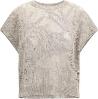 Brunello Cucinelli Femme, Pulls, Beige, Taille: 40 FR T-shirt en lin &agrave; manches courtes