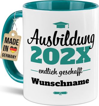 Tassendruck Tasse mit Spruch - Ausbildung - Endlich geschafft - mit Name & Abschlussjahr selbst gestalten - Geschenk für den Ausbildungsabschluss, Innen & Henkel 