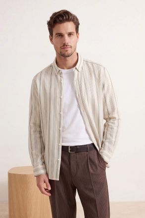 Trendyol MAN Herren Wei&szlig; Gestreift Lang Regular Fit Hemden