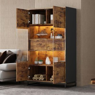 STILVORA Vitrine avec 2 Portes et 2 Tiroirs et LED Bluetooth, 6 Compartiments, Style Moderne R&eacute;tro, en MDF, Noir Effet Bois, 80&times;40&times;138 cm